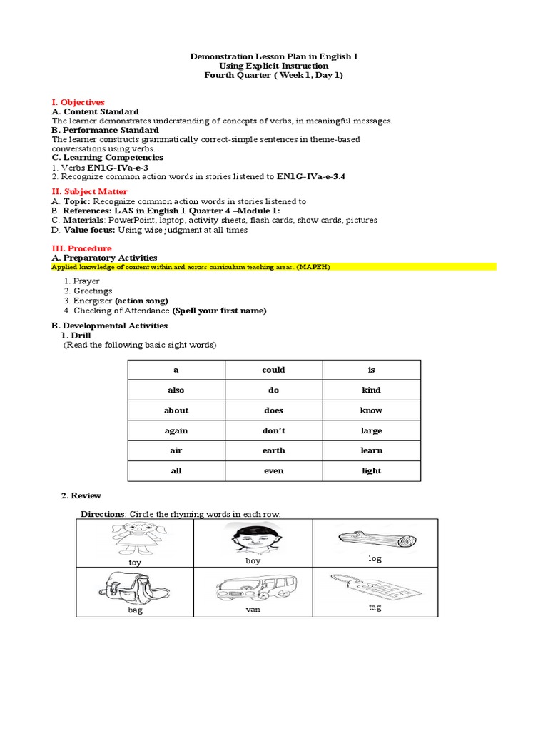Grade 1 English Lesson Plan on Verbs | PDF | English Language | Learning