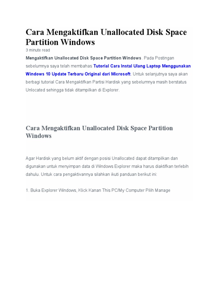 Cara Mengaktifkan Unallocated Disk Space Partition Windows | PDF