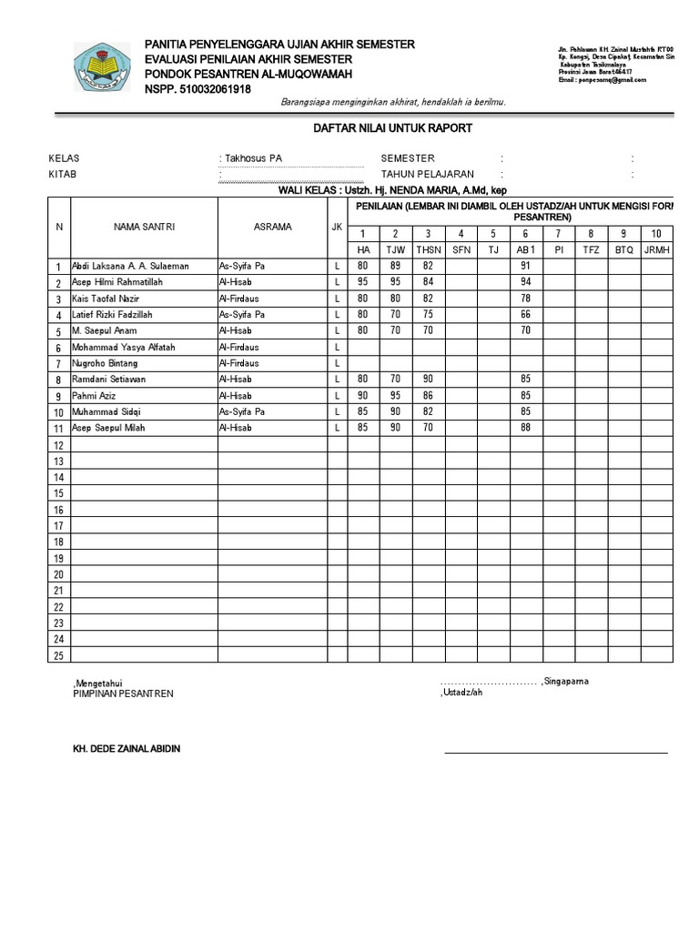 Template Raport Pesantren 5-1-22 9.46 | PDF