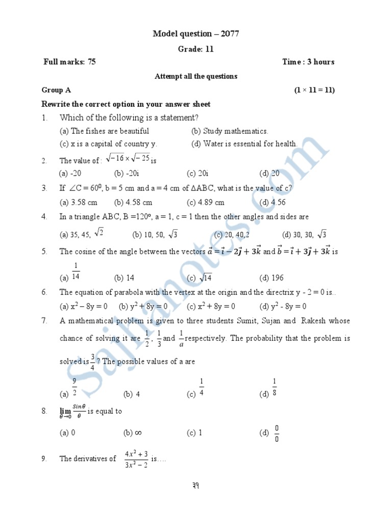 Class 11 Maths Model Question Paper 2077 | PDF | Equations | Function ...