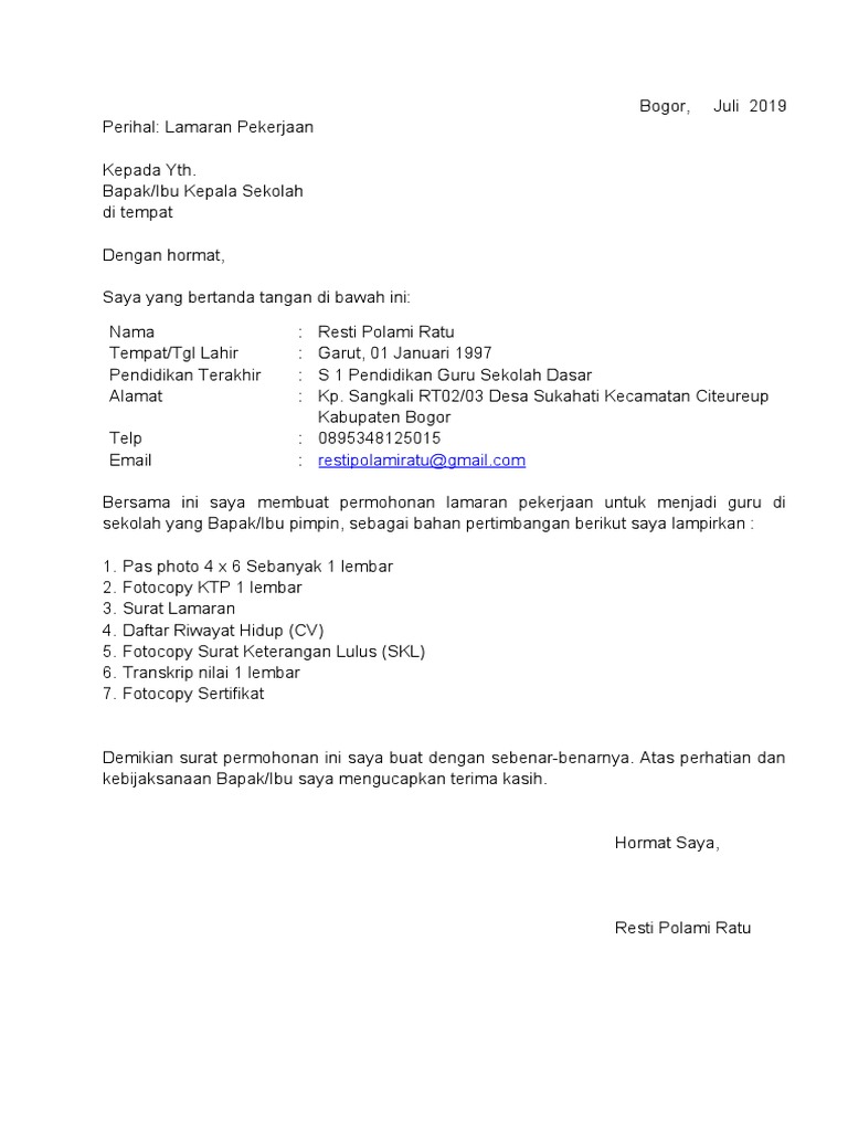 Contoh Surat Lamaran Kerja Guru SD Umum | PDF