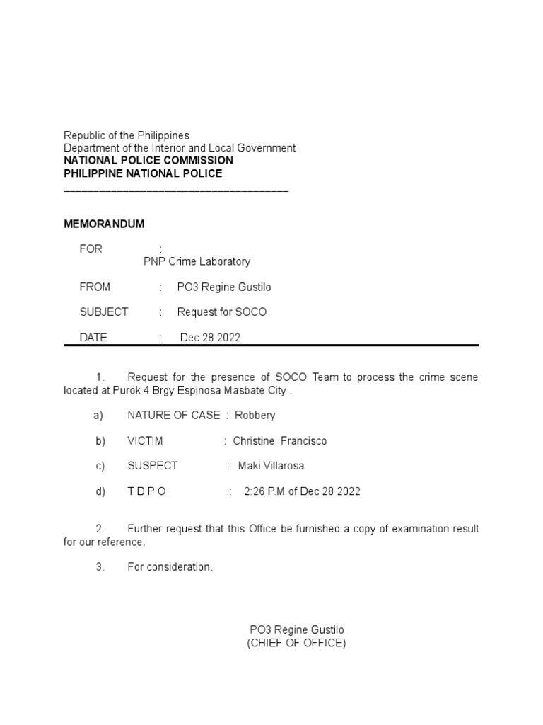 Sample Request Format For The Conduct of SOCO | PDF