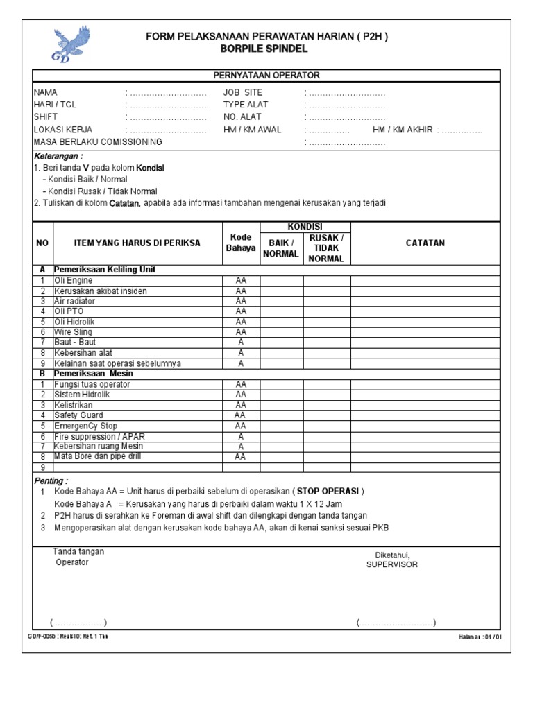 F-005b - Opra Revisi 2.0 Ret. 1 THN - p2h Borepile Spindel | PDF
