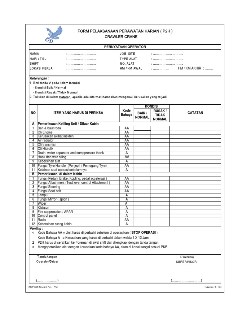 Form P2H Crawler Crane Harian | PDF