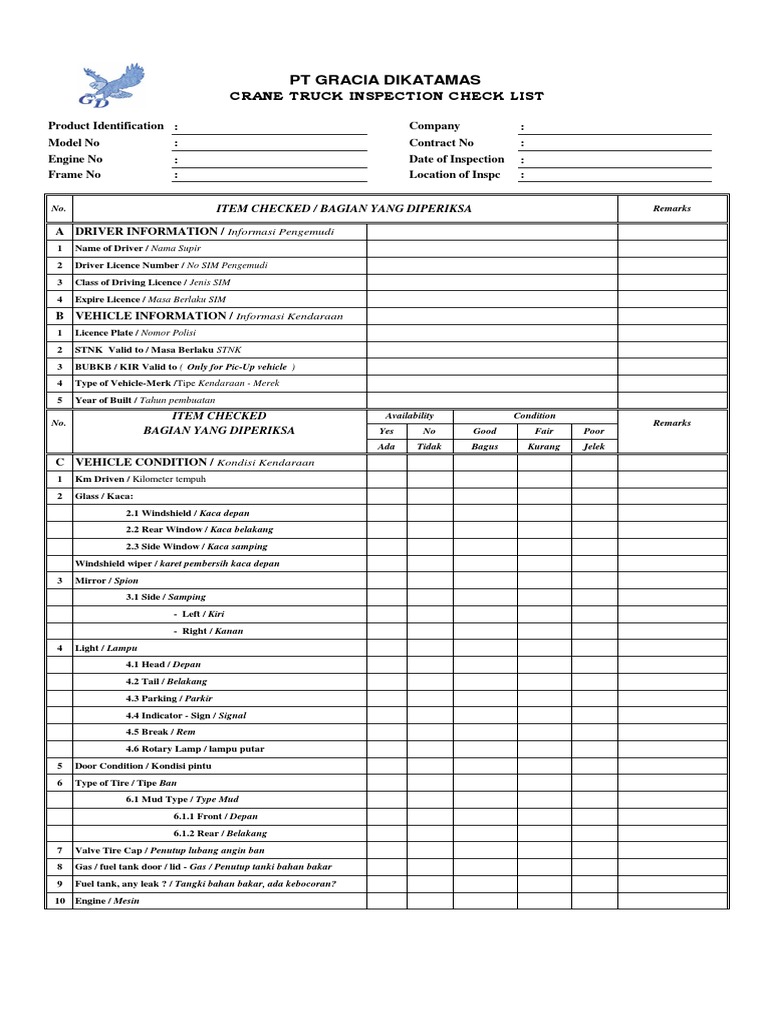 Crane Truck Inspection Checklist | PDF | Car | Manufactured Goods