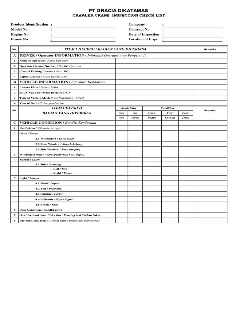 Crawler Crane Inspection Cheklist | PDF | Automotive Technologies ...