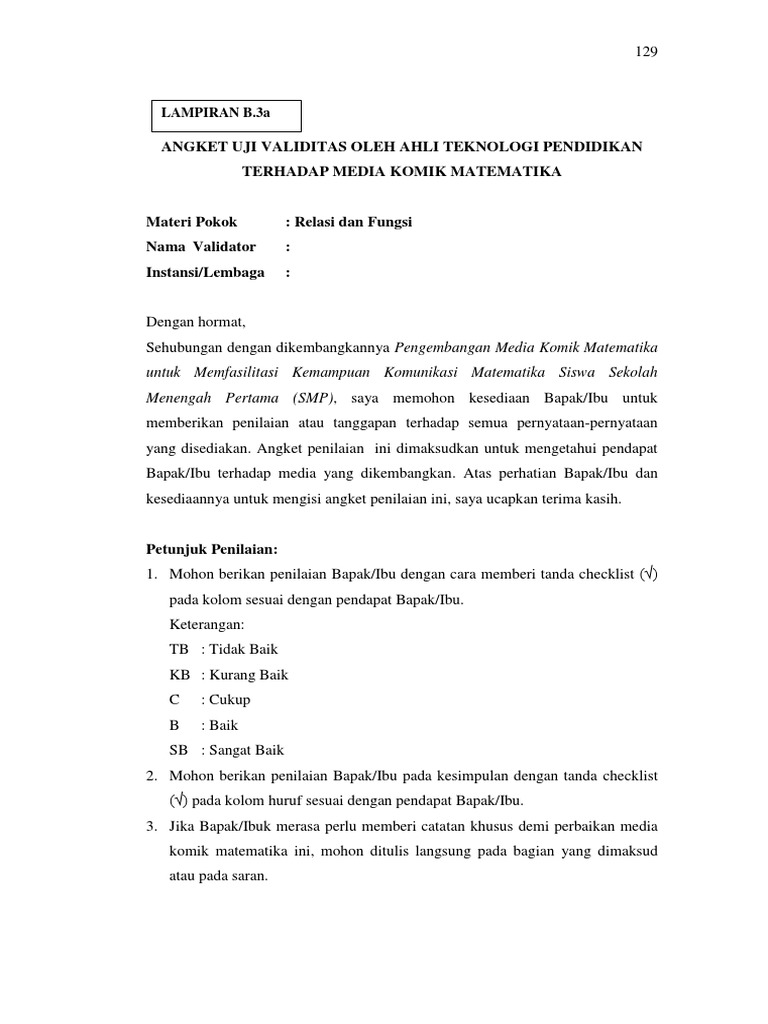 B.3a ANGKET UJI VALIDITAS OLEH AHLI TEKNOLOGI | PDF | Metode & Bahan Ajar