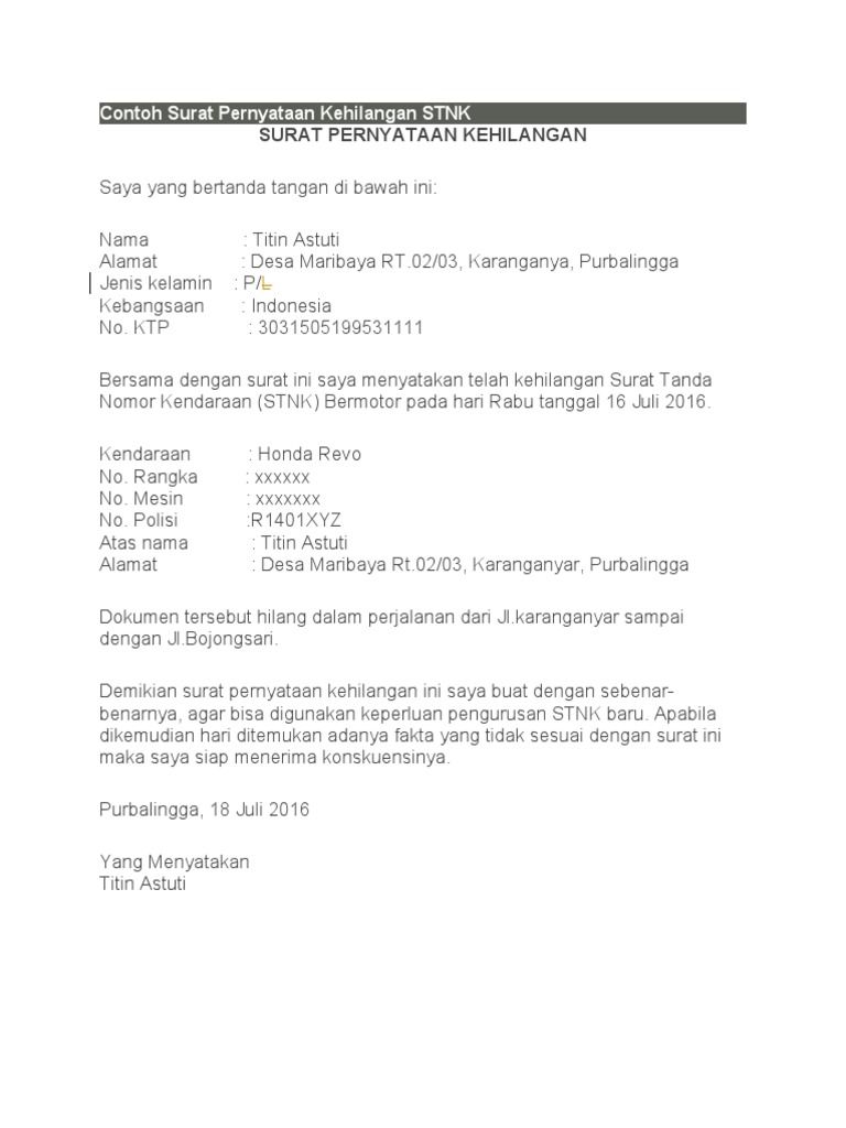 Contoh Surat Pernyataan Kehilangan STNK | PDF