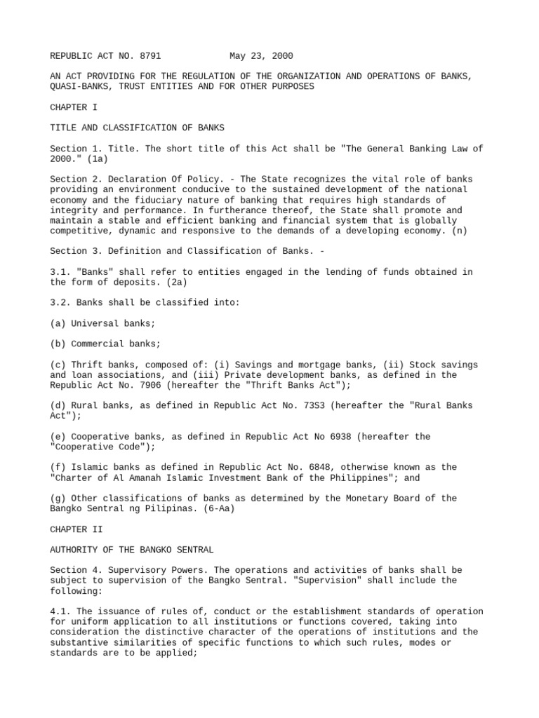 Republic Act No. 8791 - Chap 1-3 | PDF | Banks | Stocks