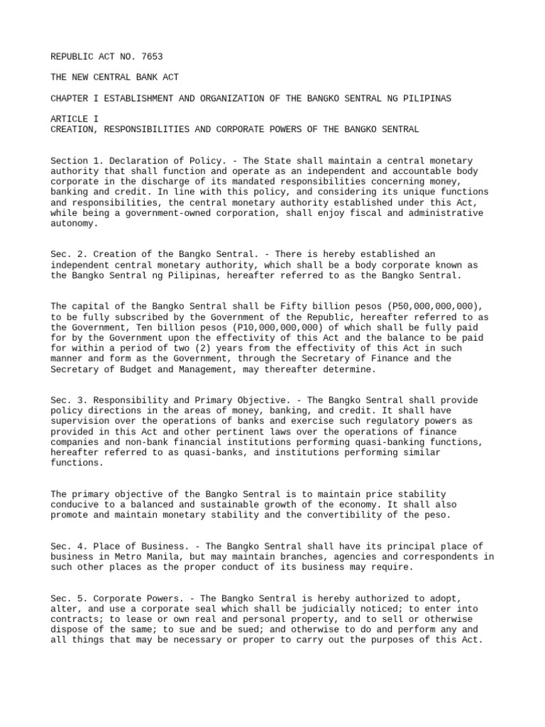 REPUBLIC ACT NO. 7653 - Part 1 | PDF | Liquidation | Receivership