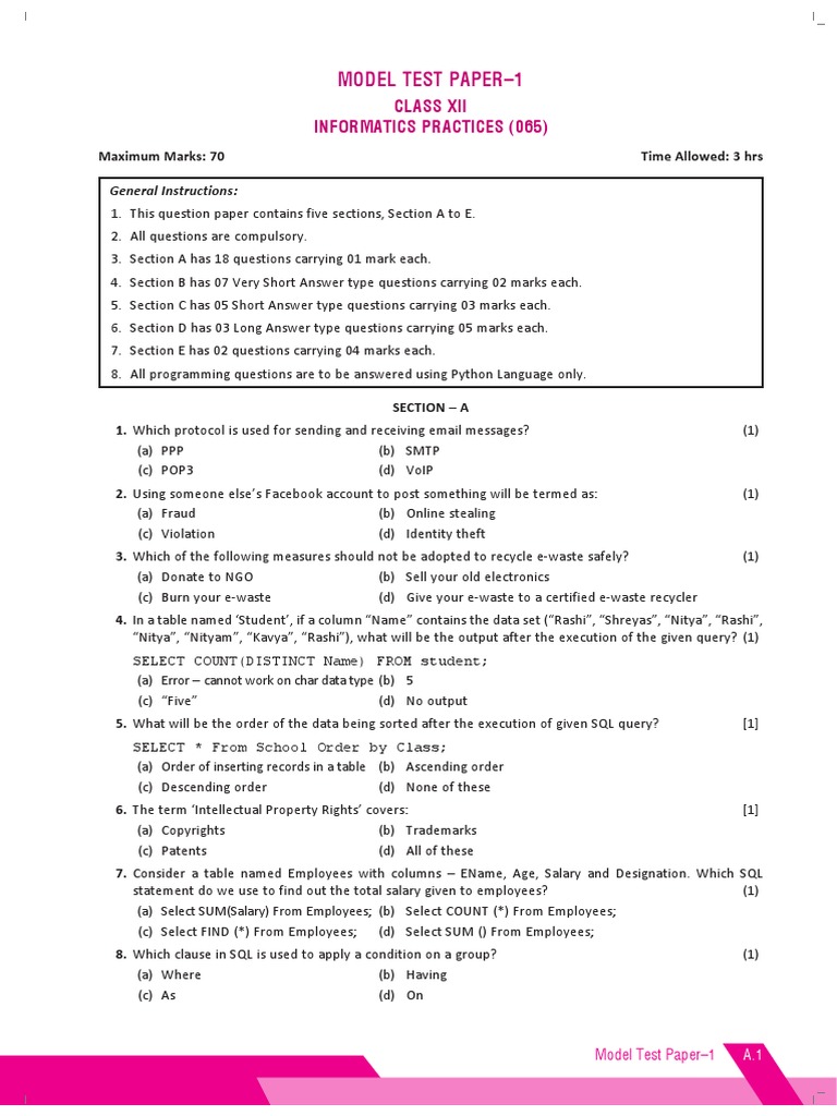 Informatics Practices-Xii-Model Test Paper-1 | PDF | Computing | Data ...
