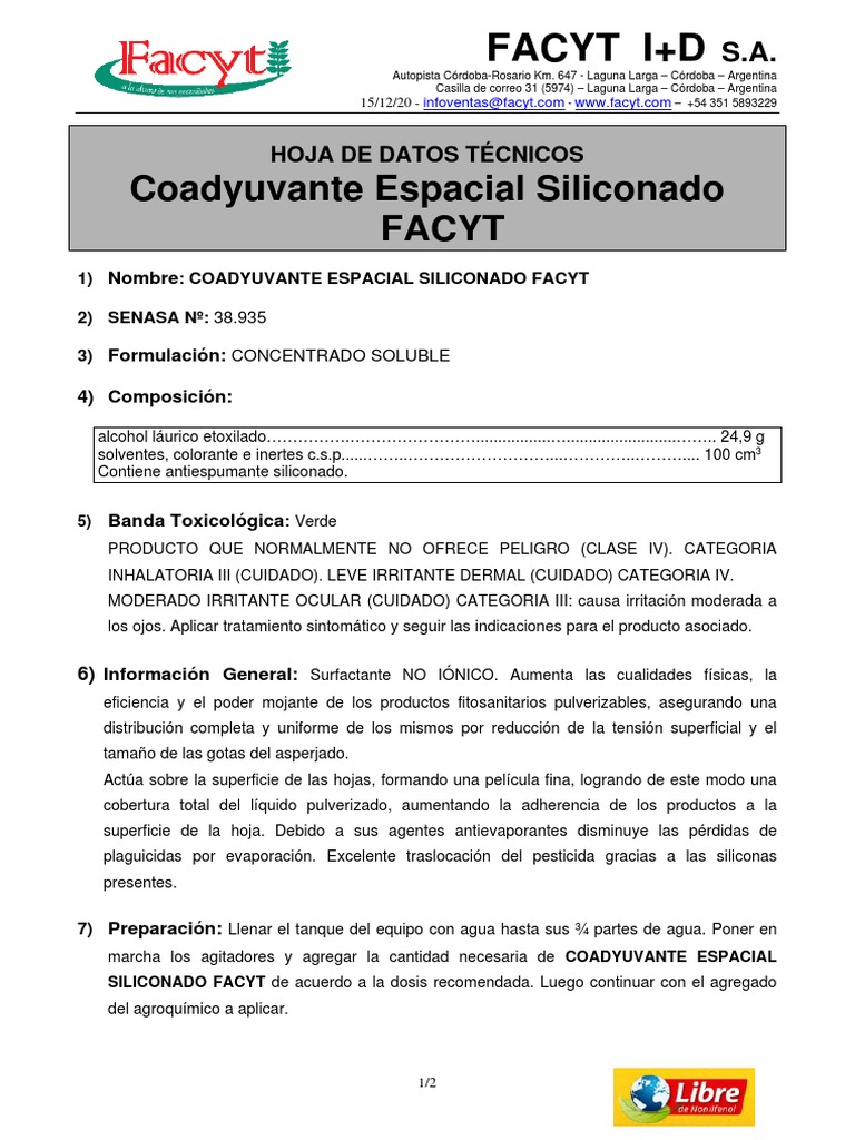 2ficha Tecnica Coadyuvante Espacial Siliconado Facyt | PDF | Pesticida ...