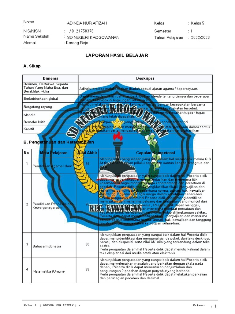 RAPOR KLS Kelas5 | PDF | Kesehatan Holistik