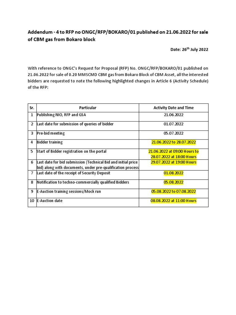 Addendum - 4 To RFP No ONGC RFP BOKARO-01 Published On 21.06 .2022 | PDF