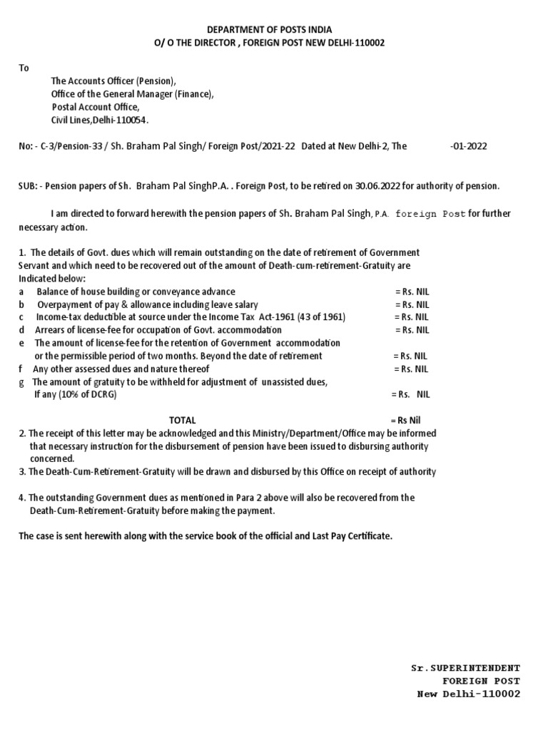 Pension Papers of Sh. Braham Pal Singh, P.A. Foreign Post to be Retired on 30.06.2022 | PDF ...