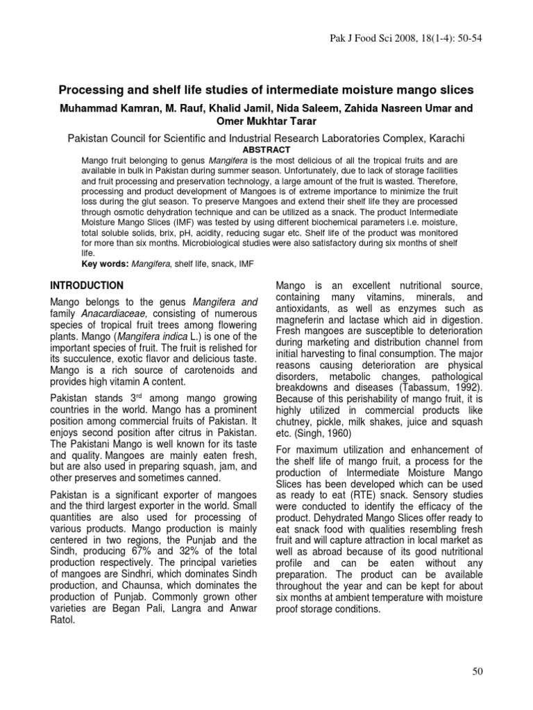 Processing and shelf life studies of intermediate moisture mango slices ...