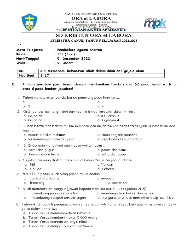 SOAL KELAS 3-PAS GANJIL Th. Pel 2022-2023 | PDF