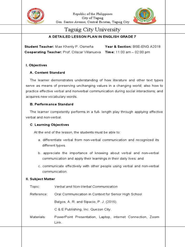Detailed Lesson Plan in English | PDF | Nonverbal Communication ...