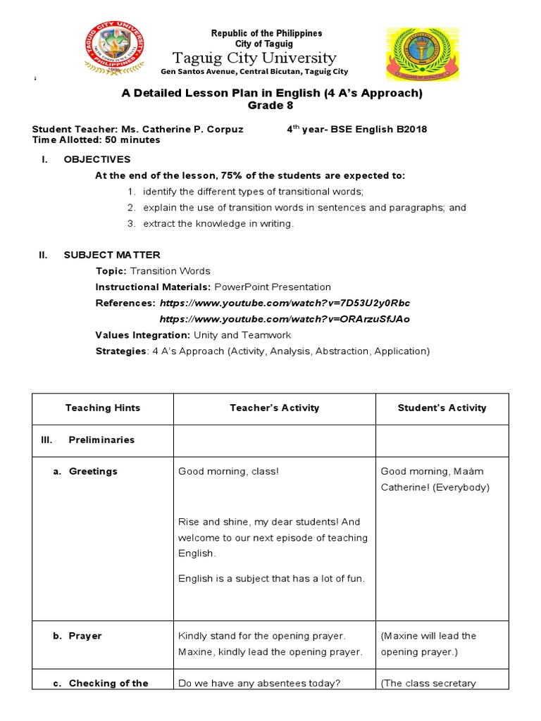 Detailed Lesson Plan - Corpuz, Catherine P. TRANSITION SIGNALS | PDF ...