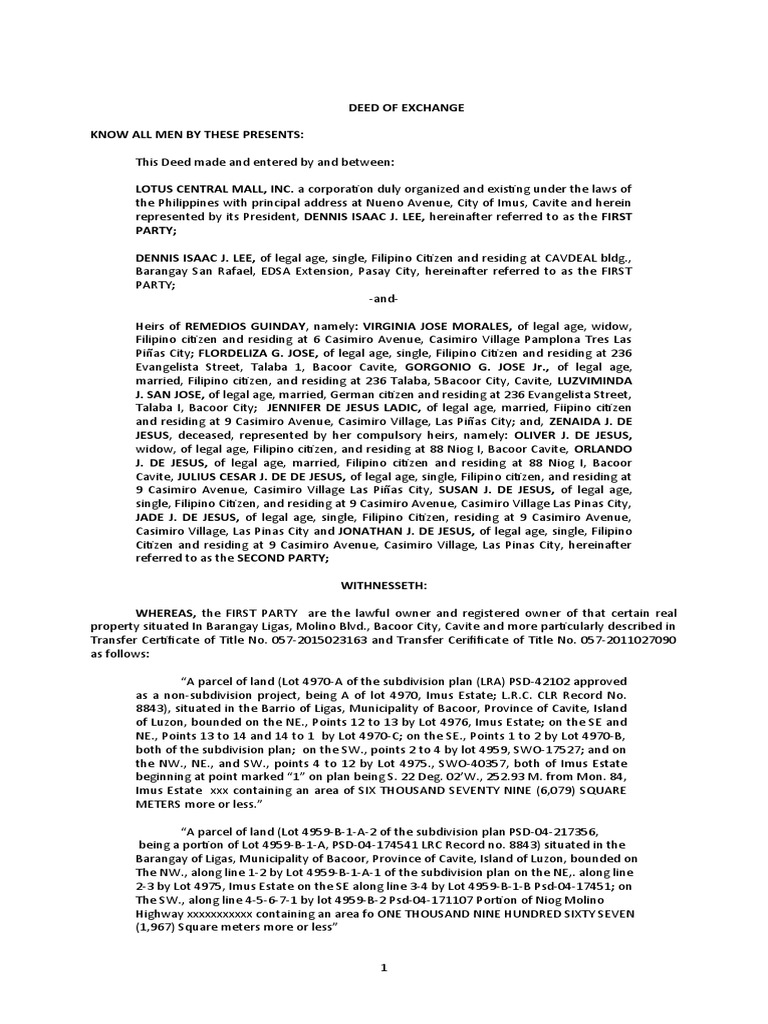Deed of Exchange - Molino Blvd. Final Draft | PDF | Conveyancing | Urban
