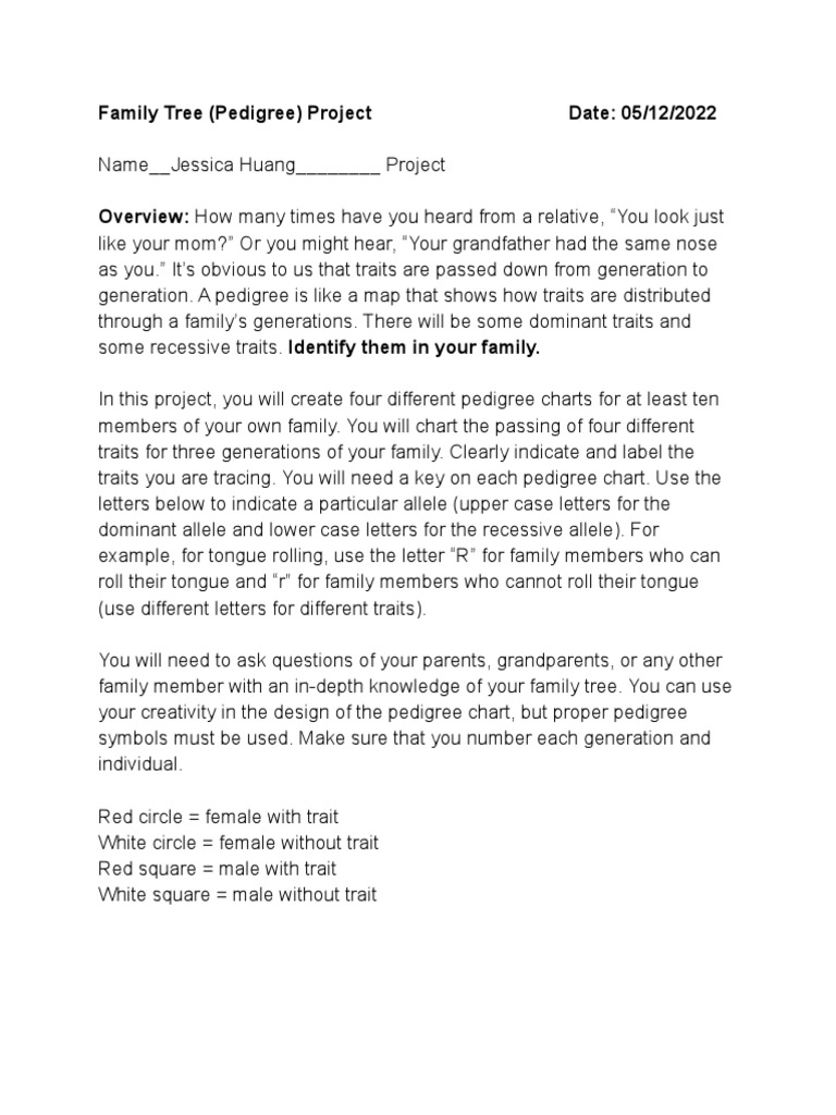 Family Tree (Pedigree) Project | PDF | Phenotypic Trait | Genotype