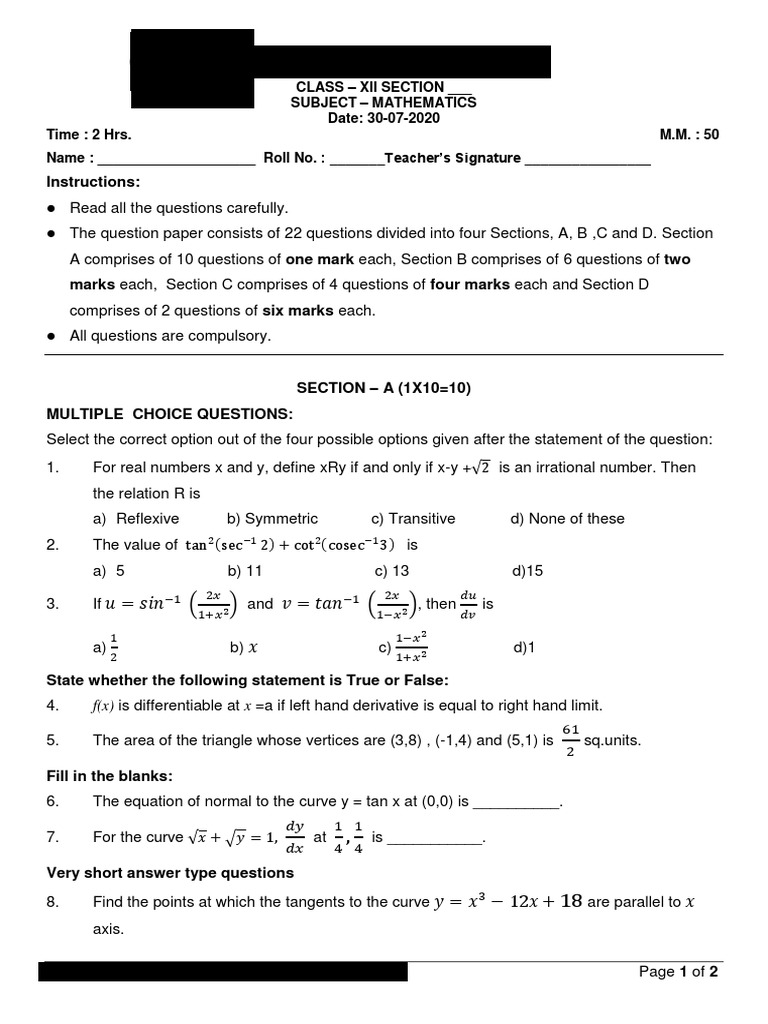 Mathematics Xii Pdf Function Mathematics Circle 