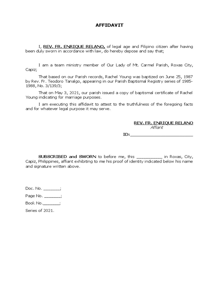 Affidavit of Baptism for Rachel Young | PDF