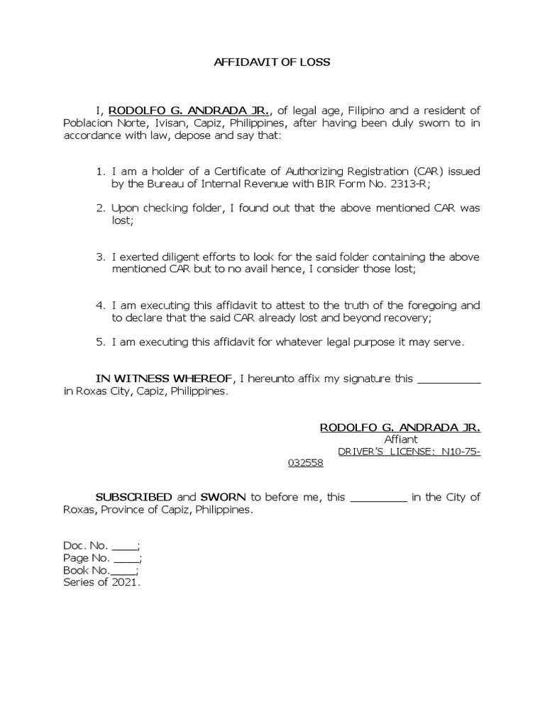 Affidavit of Loss - Car | PDF