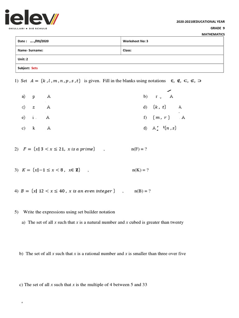 Sets Worksheet 1 Pdf
