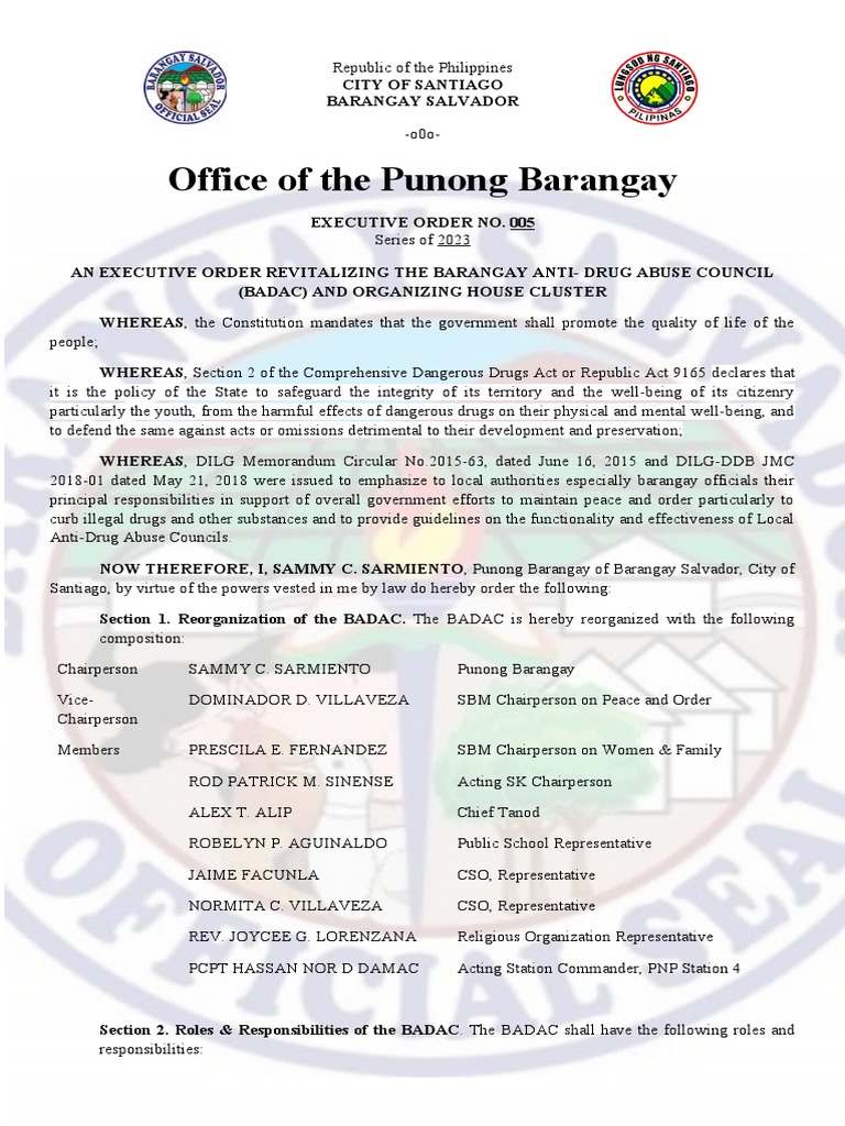 Executive Order No. 005 S. 2023 - ORGANIZING HOUSE CLUSTER | PDF ...