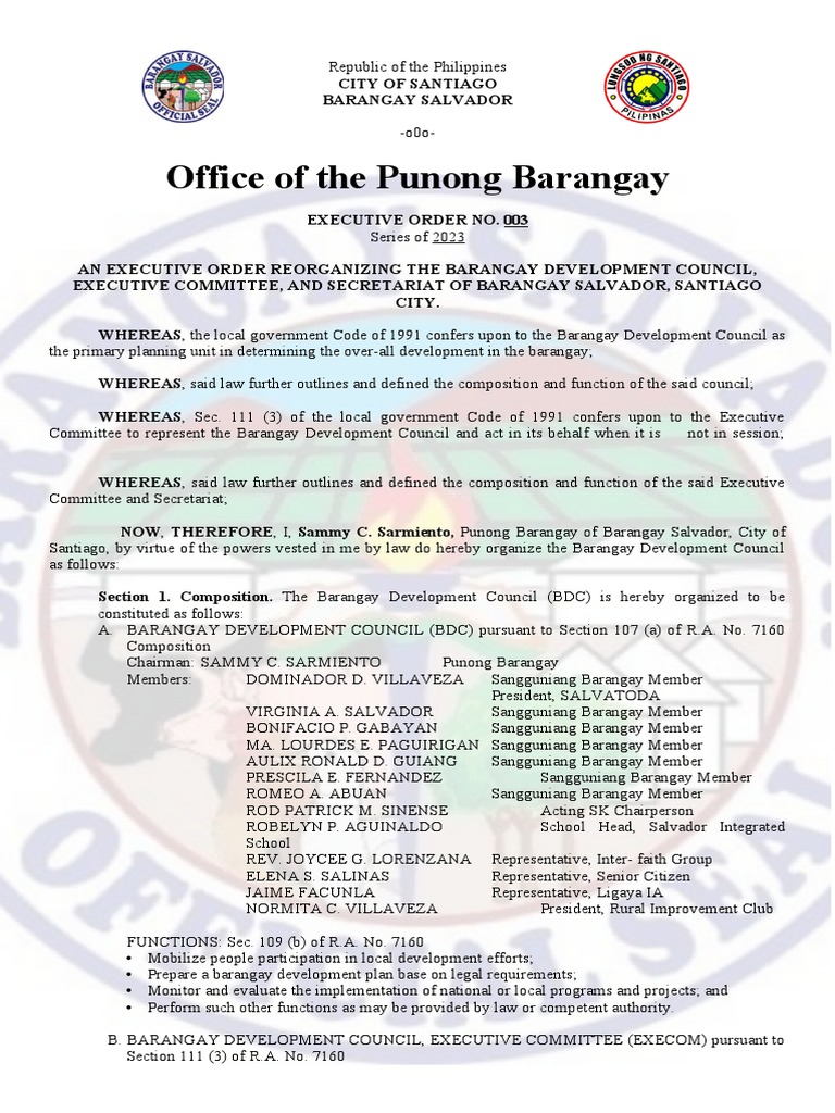 Executive Order No. 003 S. 2023 - ORGANIZING THE BARANGAY DEVELOPMENT ...