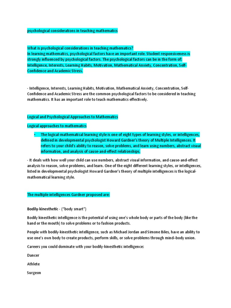 Psychological Considerations in Teaching Mathematics | PDF | Thought ...
