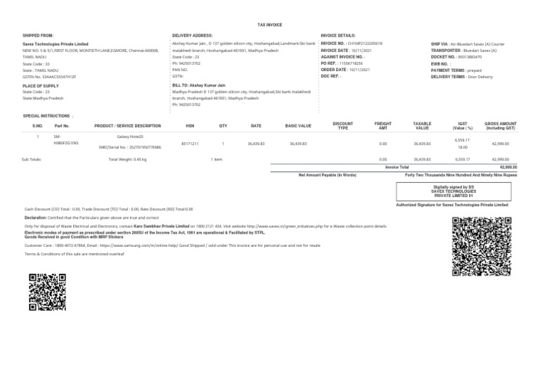 Note 20 Mobile Bill | PDF | Invoice | Taxation