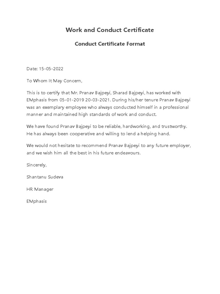 Work and Conduct Certificate | PDF