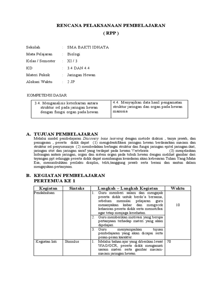 RPP Jaringan Hewan Ok | PDF