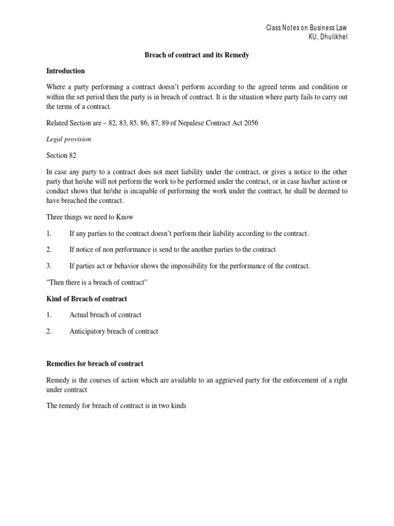 Unit 2 Breach and Remedies For Breach of Contract | PDF | Damages ...