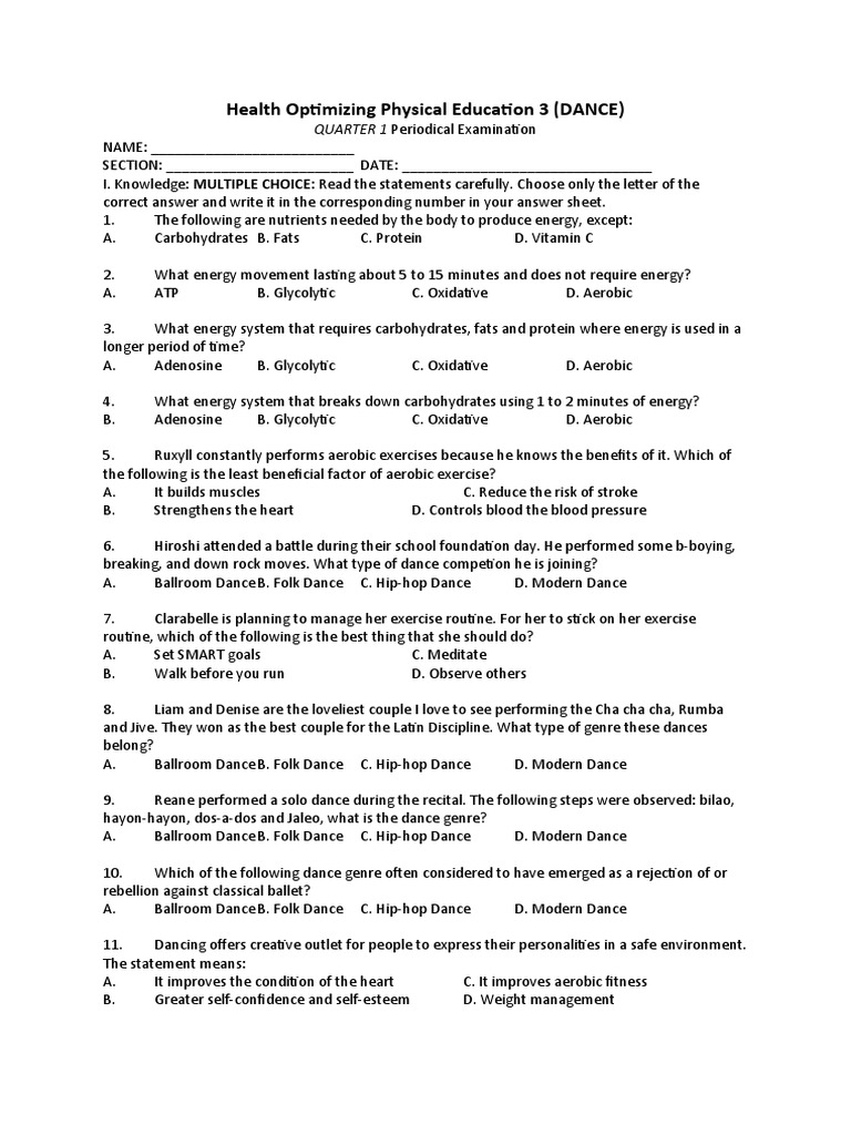 GRADE 12 Physical Education DANCE 1st Quarter Examination | PDF ...