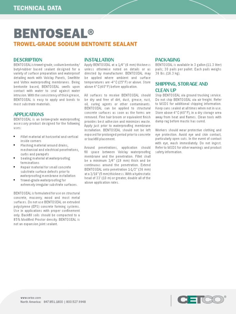 Cetco Bentoseal Product Data Sheet | PDF | Concrete | Materials