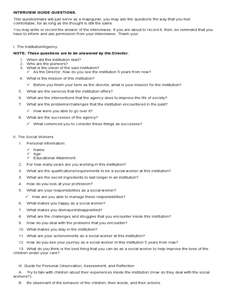 Interview Guide Questions | PDF | Social Work | Cognition