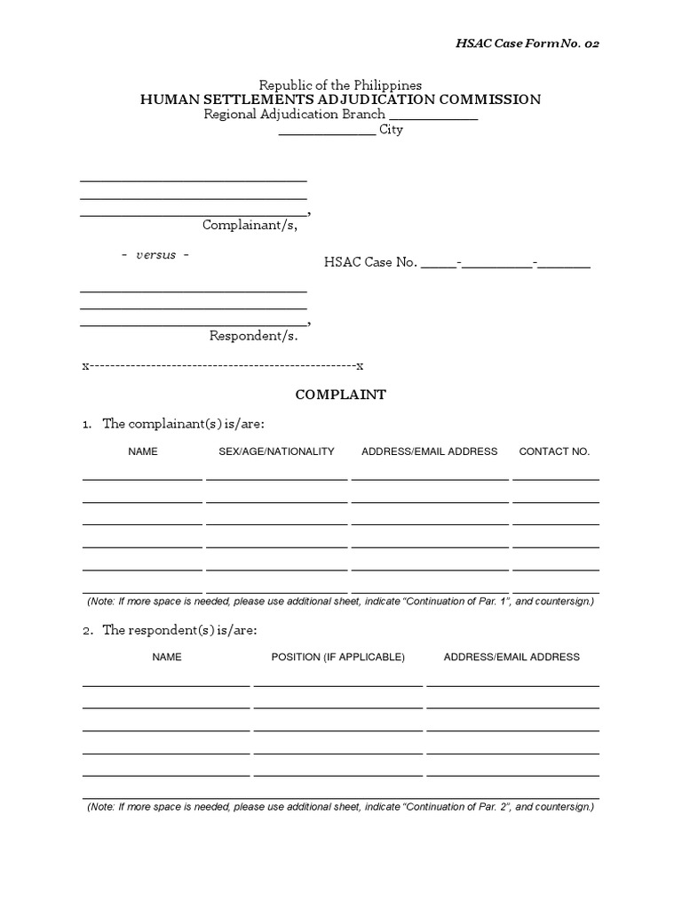 HSAC Case Form No. 2 HOA COMPLAINT | PDF | Damages | Complaint