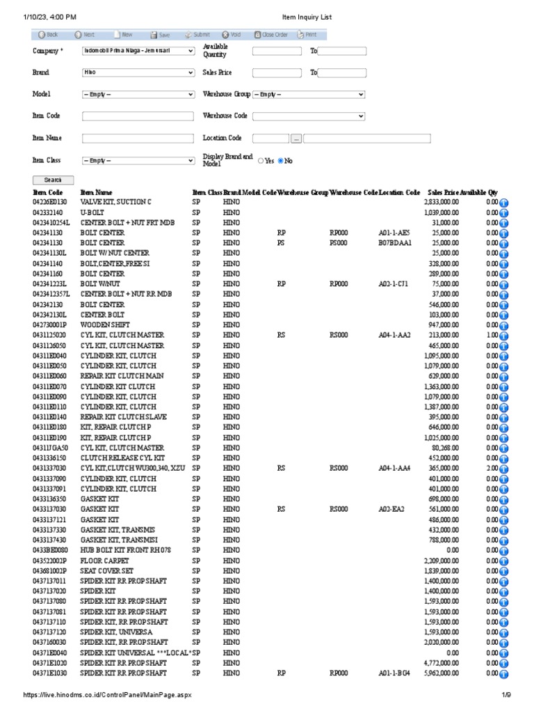 Item Code Item Name Item Class Brand Model Code Warehouse Group ...