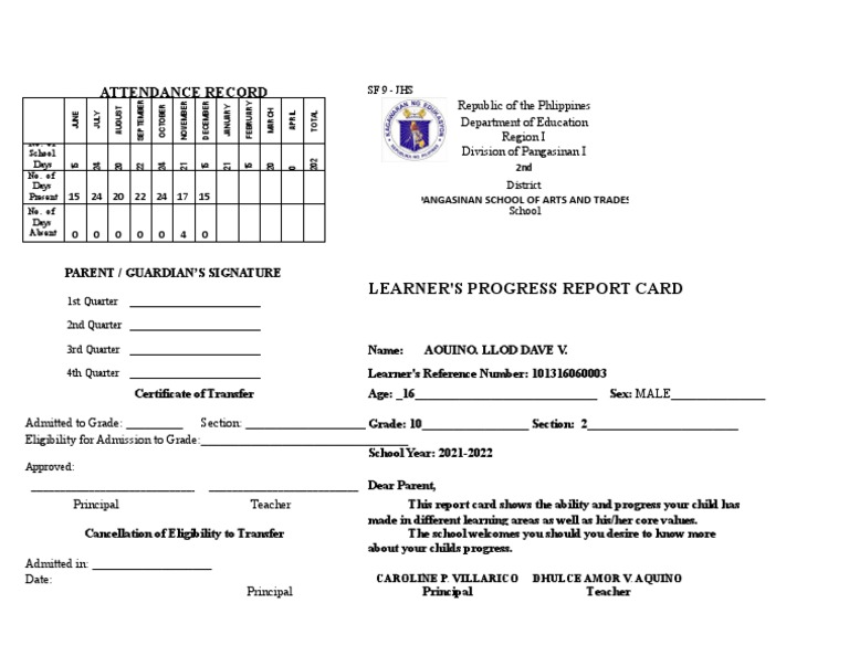 SF 9 - JHS (Learner's Progress Report Card B) .XLSX - Sheet2 | PDF | Social Institutions