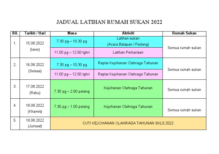 JADUAL LATIHAN RUMAH SUKAN 2022 - Minggu Kedua | PDF