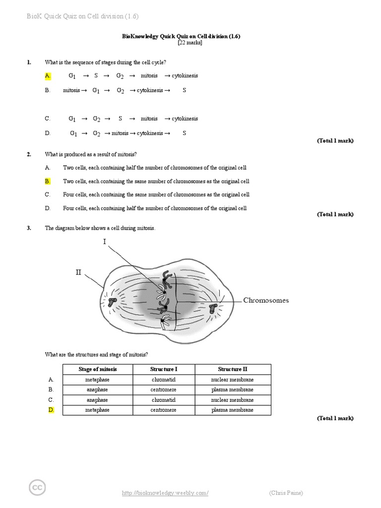Cell Division Quiz for Students | PDF | Mitosis | Cell (Biology)