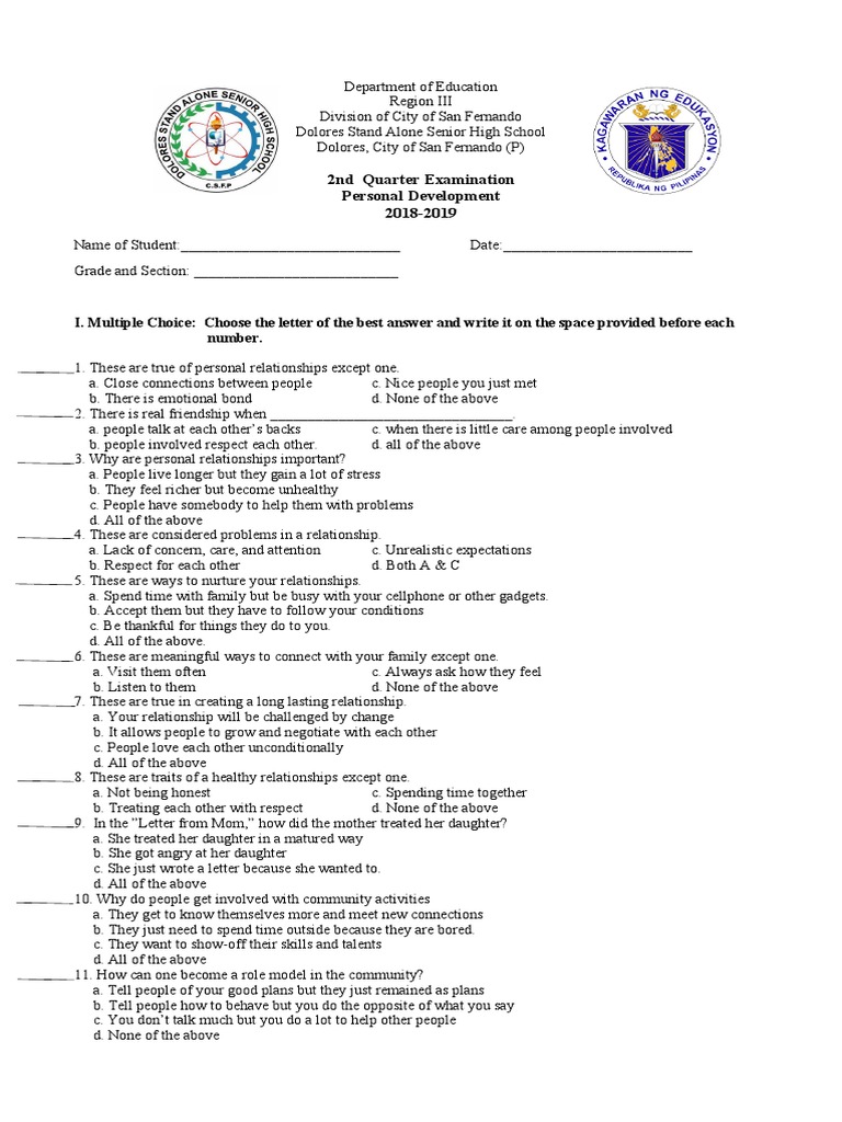 2nd Quarter Exam Perdev | PDF | Feeling | Family