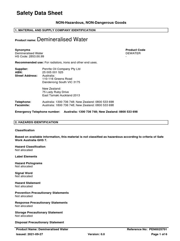Demineralised Water-GHS SDS 2021 09 27 | PDF | Dangerous Goods ...