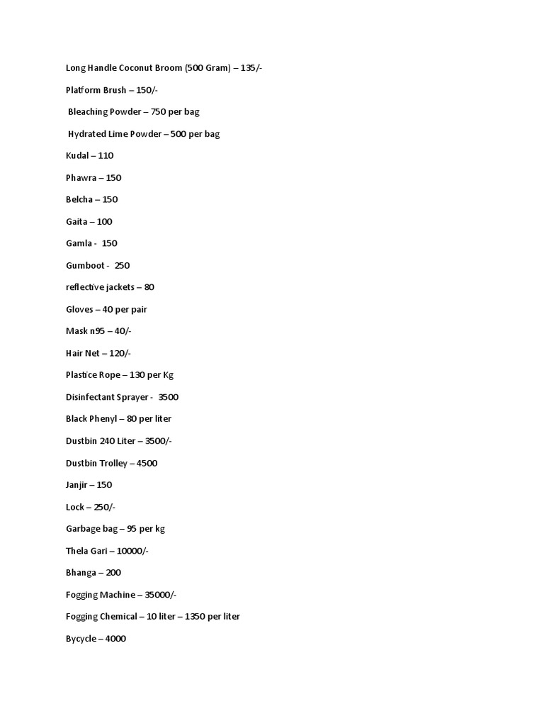 Sanitation & Cleaning Supplies List | PDF | Cooking, Food & Wine ...