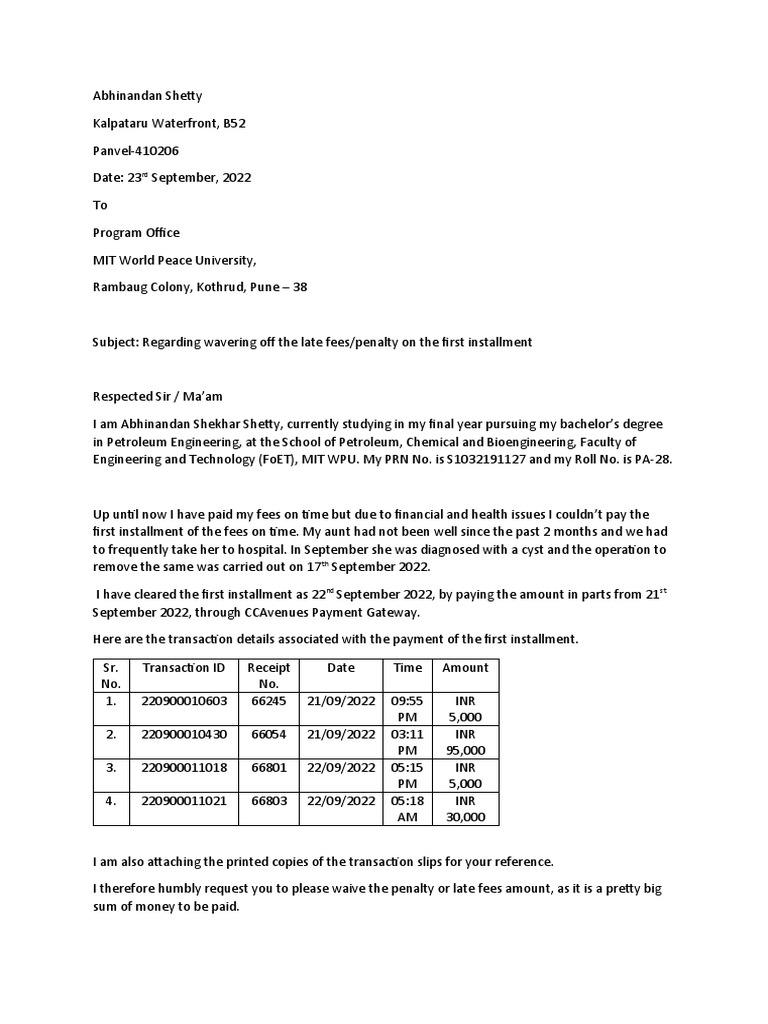 Request to Waive Late Fees for Tuition | PDF | Finance & Money Management