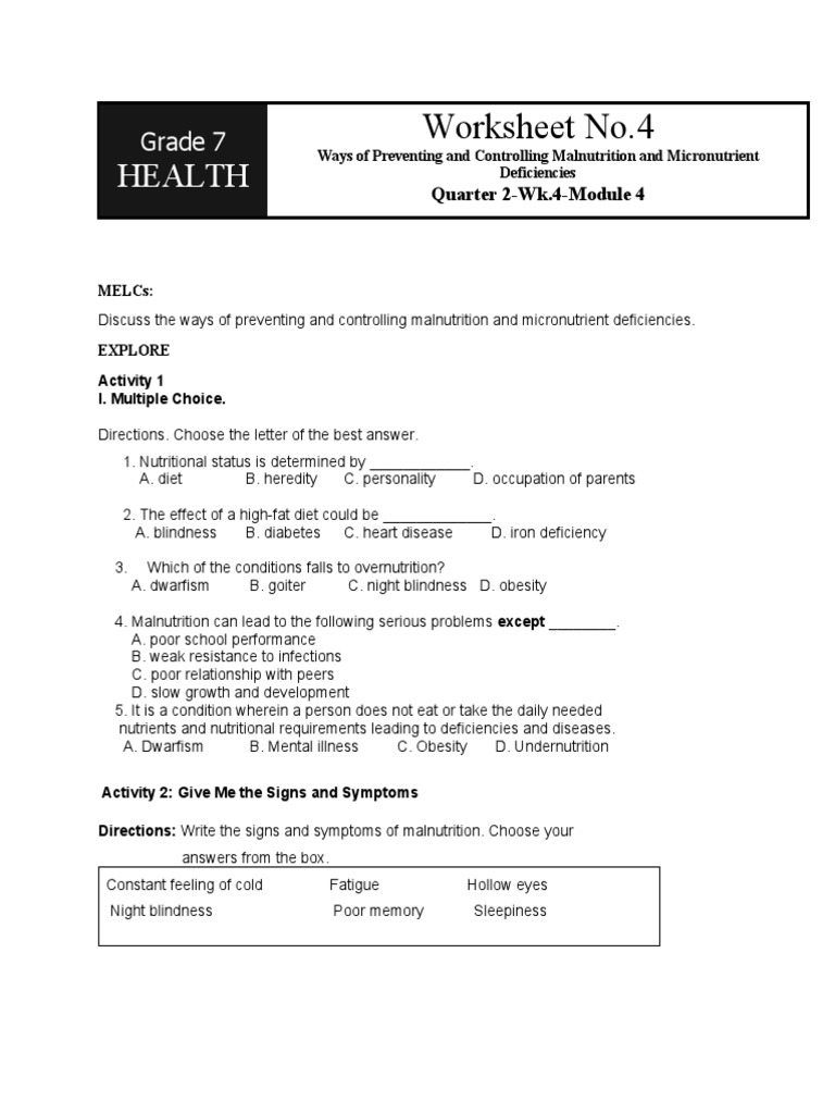 Q2 WK4 Worksheet4 HEALTH7 1 | PDF | Malnutrition | Micronutrient