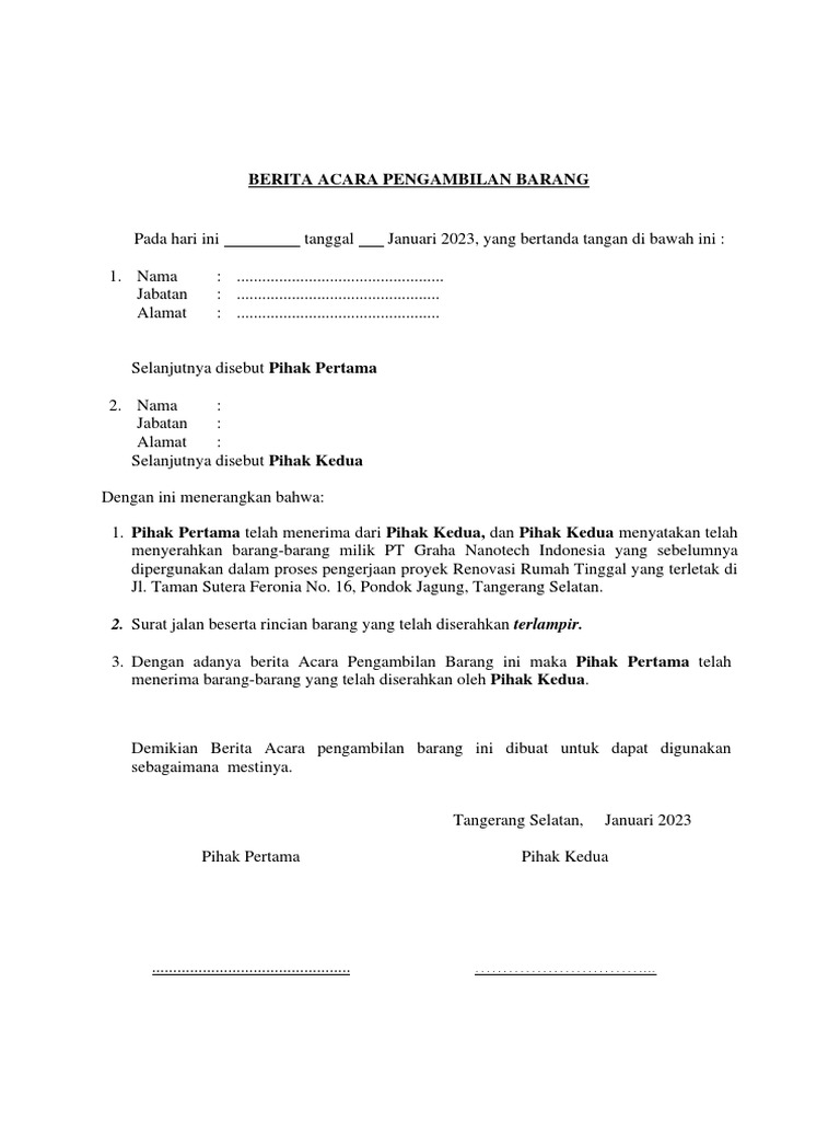 Berita Acara Pengambilan Barang Sarah Ayu | PDF